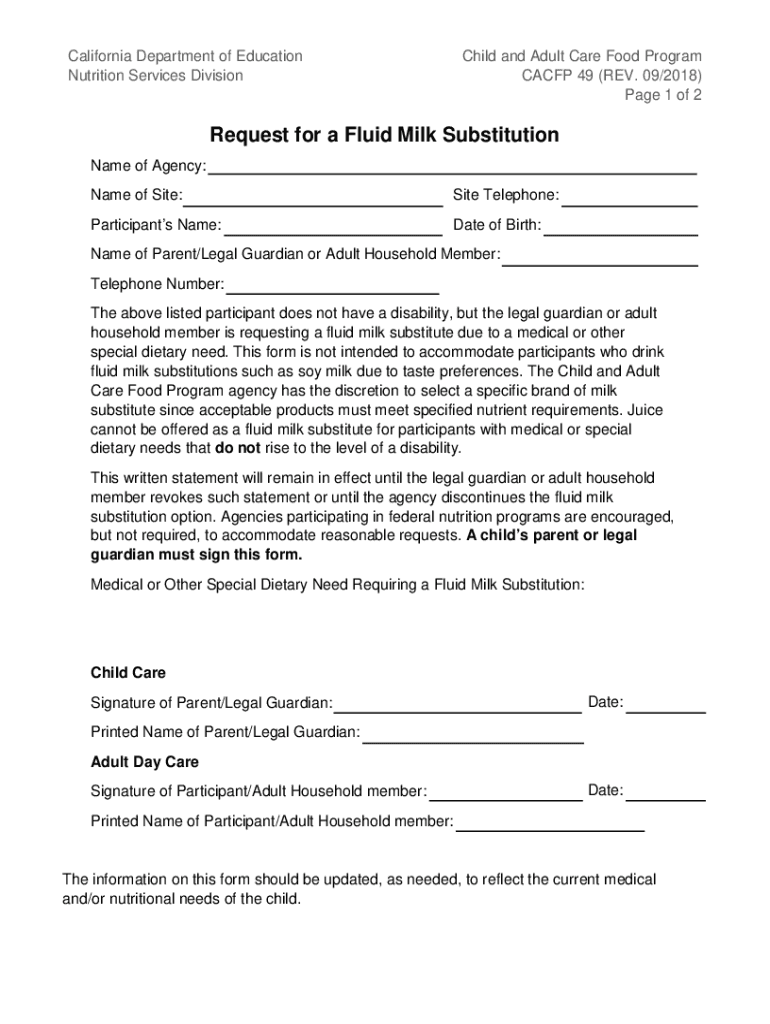Fillable Online Request for a Fluid Milk Substitution - Child and Adult ...