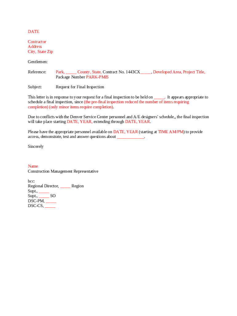 Response to Request for Final Inspection. Response to Request for Final ...