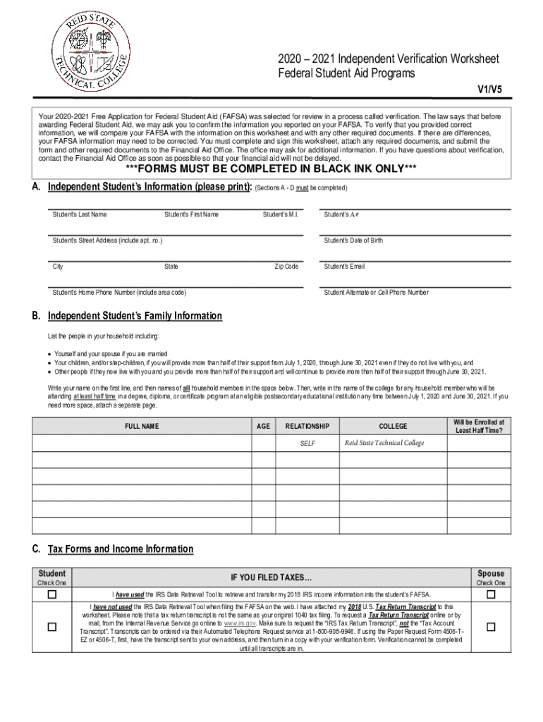 Fillable Online images pcmac 2020 2021 Independent Verification Worksheet Federal Student ...