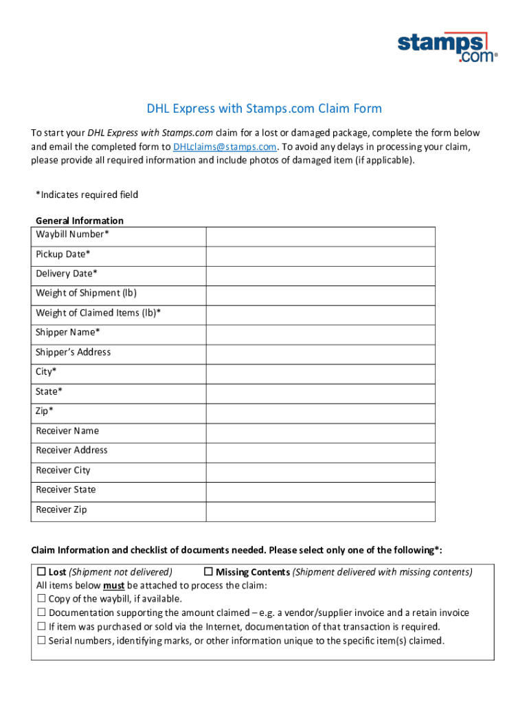 Fillable Online DHL Express-Stamps.com Claim Form copy.docx Fax Email ...