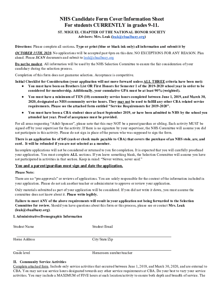 Fillable Online NHS Candidate Form Cover/Information Sheet Fax Email ...