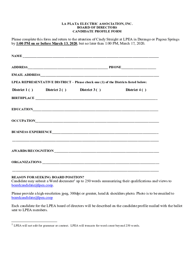 Fillable Online Fillable Online Candidate Profile - La Plata Electric ...