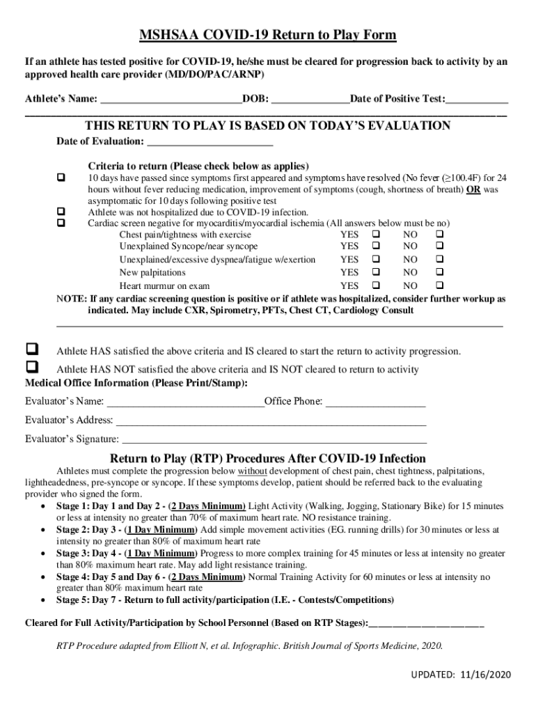 Fillable Online mshsaa covid 19 return to play form Fax Email Print ...