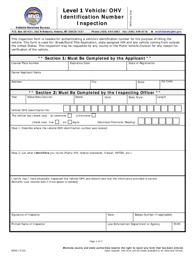 Fillable Online Level 1 Vehicle-OHV Indentification Number Inspection ...