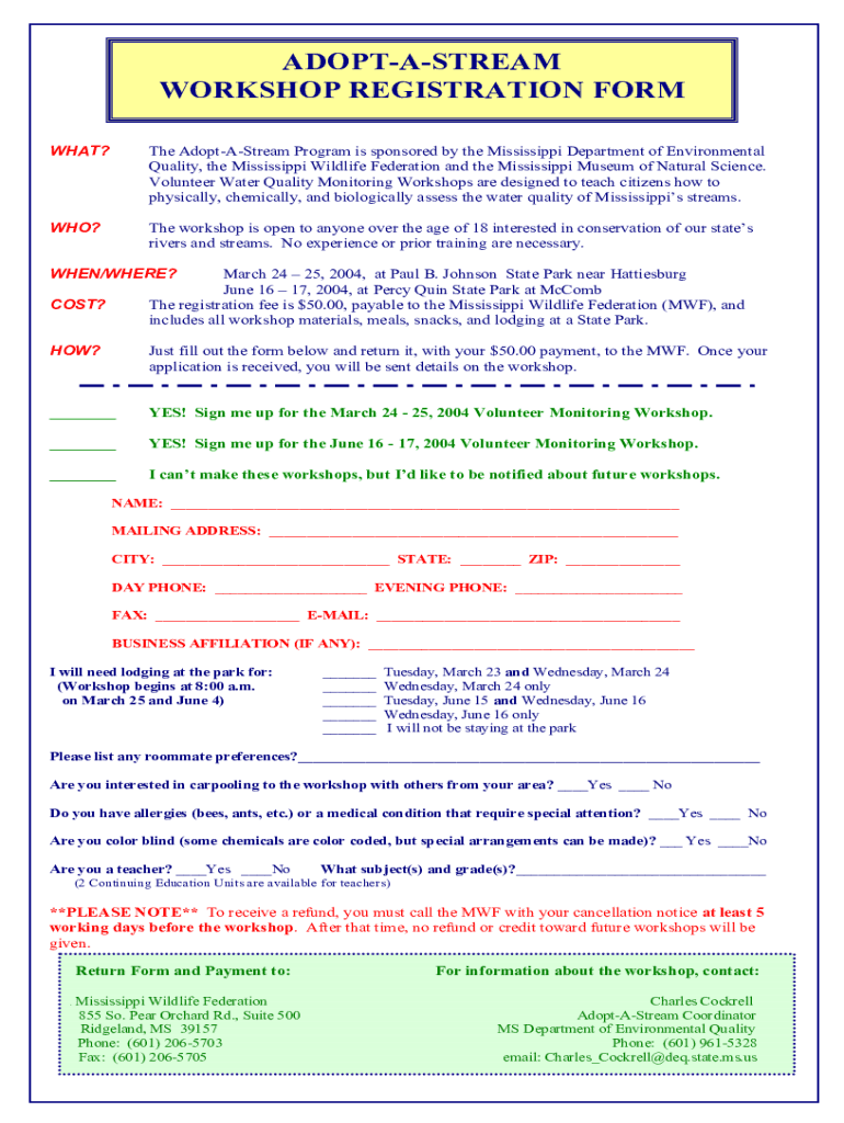 Fillable Online ADOPT-A-STREAM WORKSHOP REGISTRATION FORM Fax Email Print - pdfFiller