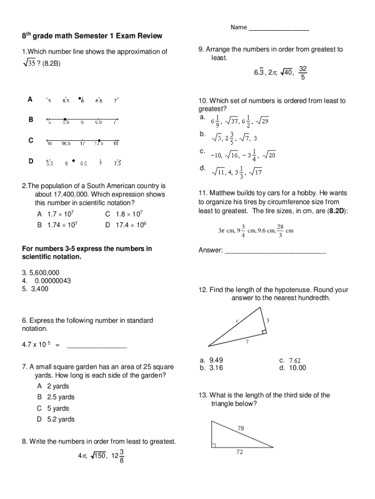 Fillable Online Name th grade math Semester 1 Exam Review Fax Email ...