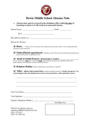 Fillable Online Bowie Middle School Absence Note - Fort Bend ISD Fax Email Print - pdfFiller