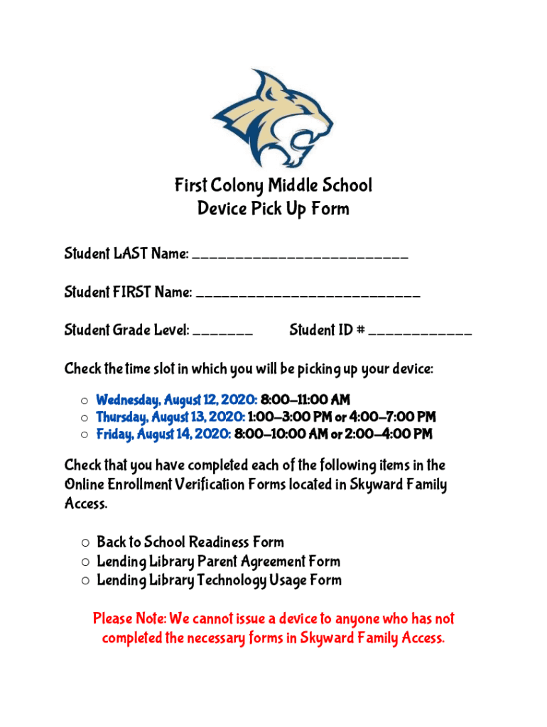 Fillable Online First Colony Middle School Device Pick Up Form - Fort ...