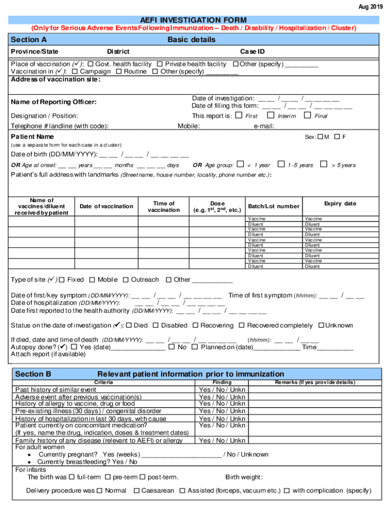 Fillable Online AEFI INVESTIGATION FORM (Only for Serious Adverse ...