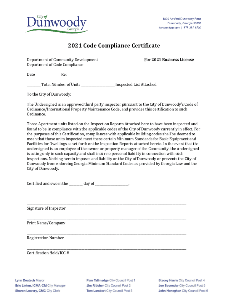 Fillable Online 2021 Code Compliance Certificate Fax Email Print - pdfFiller
