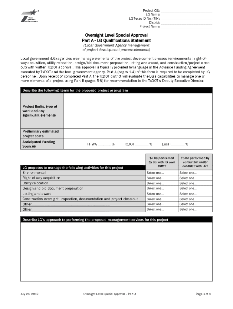 Fillable Online ftp txdot Oversight Level Special Approval. Local ...