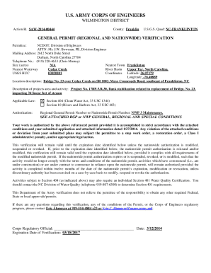 Fillable Online GENERAL PERMIT (REGIONAL AND NATIONWIDE) VERIFICATION ...