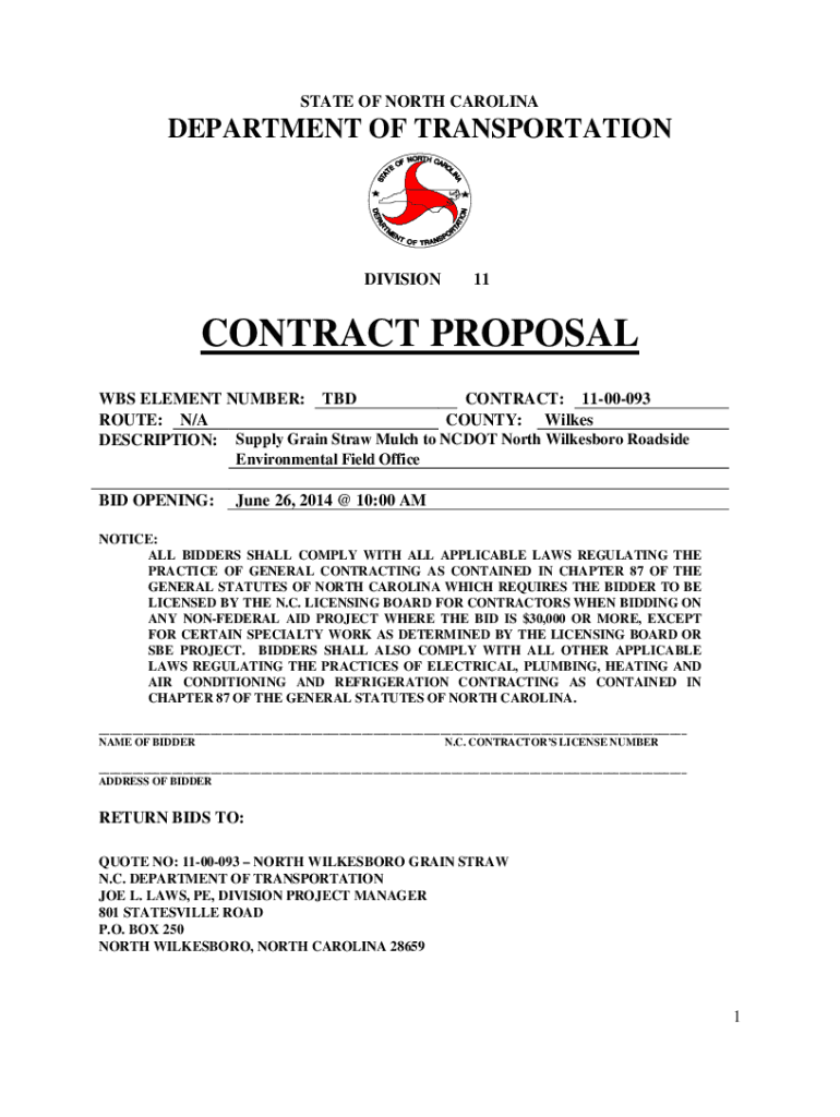 Fillable Online DIVISION 11 CONTRACT PROPOSAL - NCDOT Fax Email Print - pdfFiller