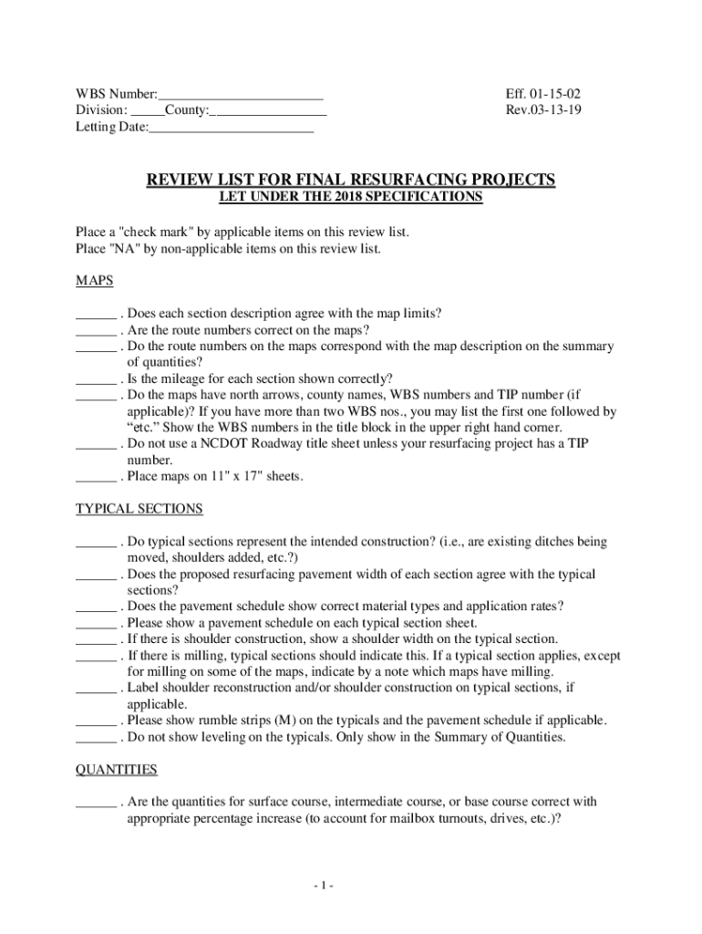 Fillable Online 2018 Review List for Final Resurfacing Plans - Connect ...