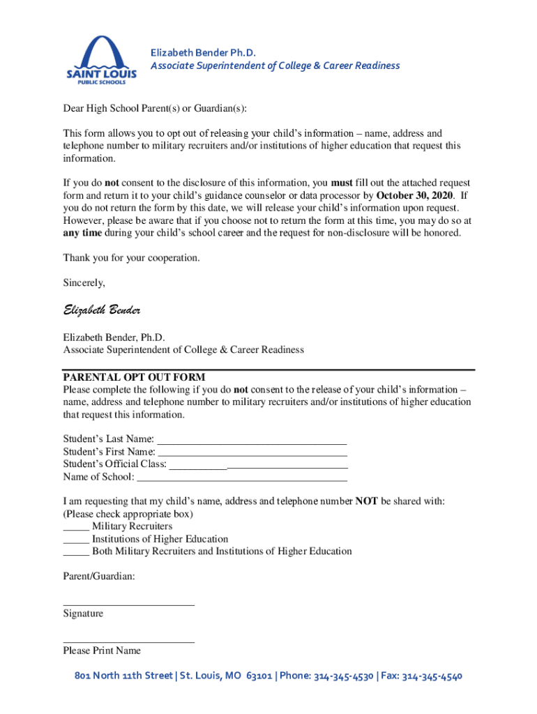 Fillable Online OPT-OUT LETTER Dear High School Parent (s)/Guardian(s ...
