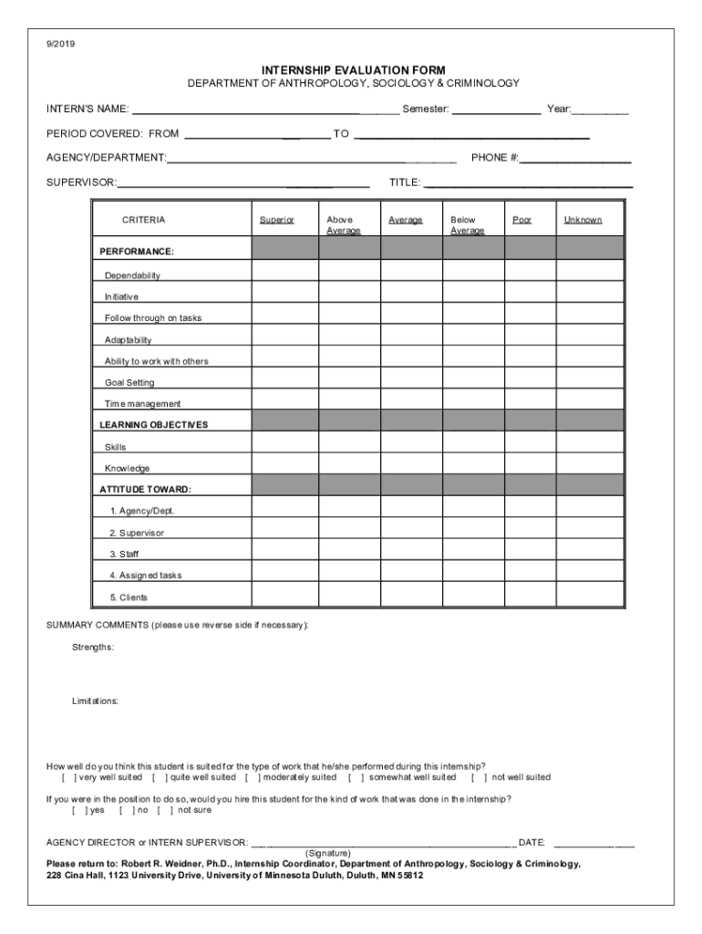 Fillable Online INTERNSHIP EVALUATION FORM DEPARTMENT OF Fax Email ...