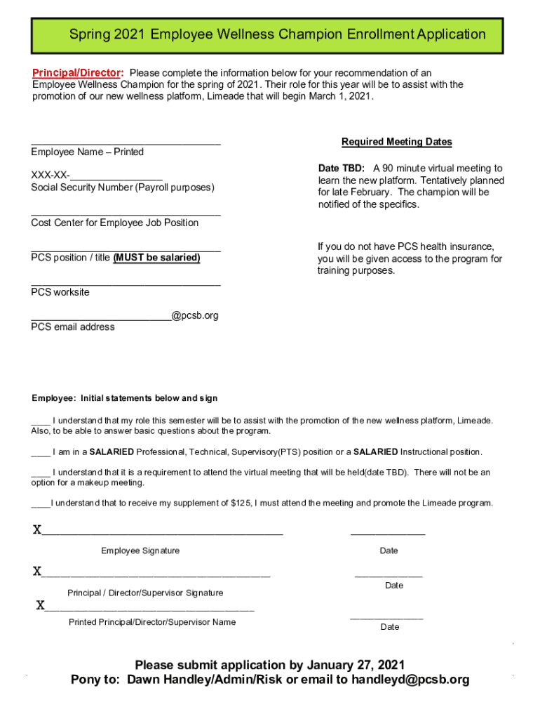 Fillable Online Spring 2021 Employee Wellness Champion Enrollment ...