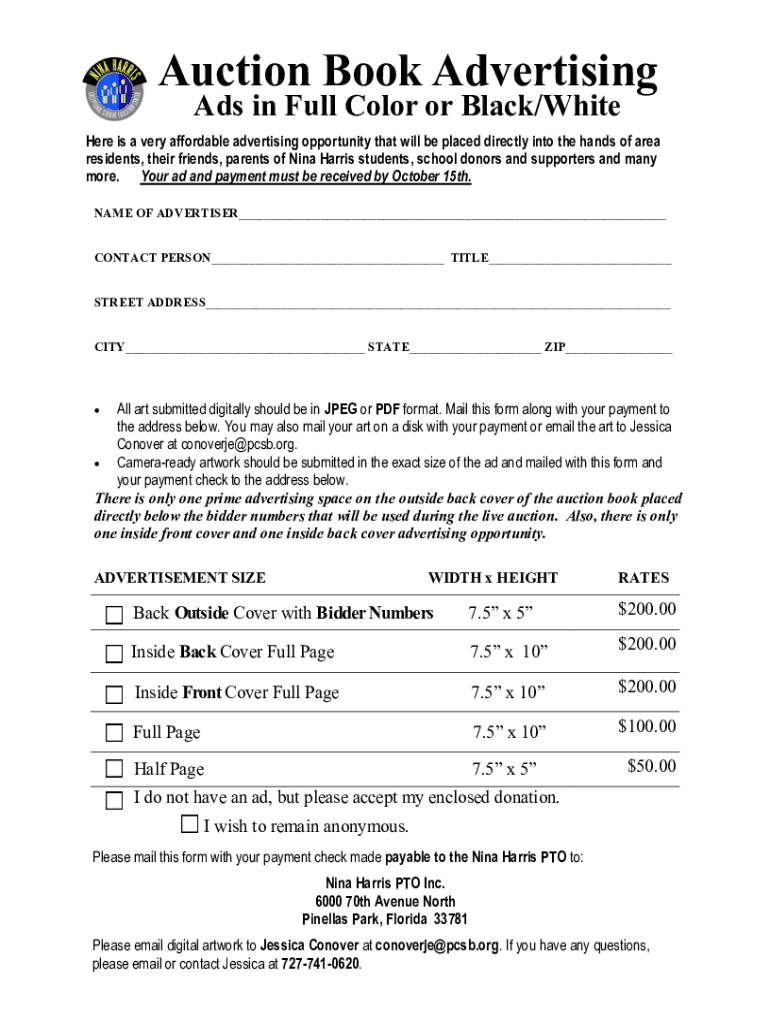 Fillable Online Auction Book Advertising - Pinellas County Schools Fax ...