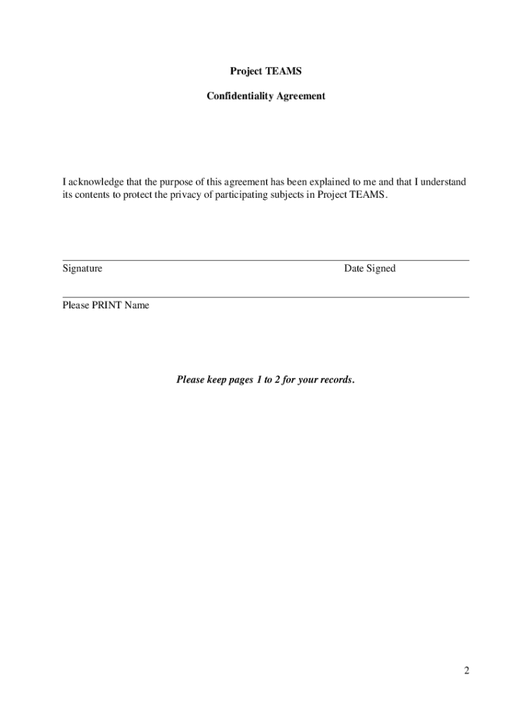 Fillable Online Project TEAMS Confidentiality Agreement Form Fax Email ...