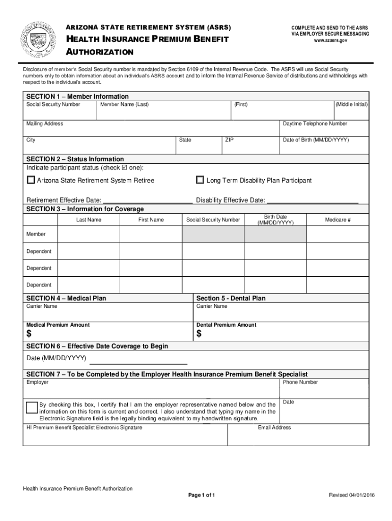 Fillable Online ARIZONA STATE RETIREMENT SYSTEM (ASRS) SEND H I P B ...