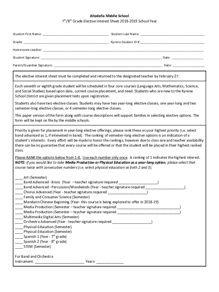 Fillable Online Altadea Middle School 7th/8th Grade Elective Interest Sheet ... Fax Email Print ...