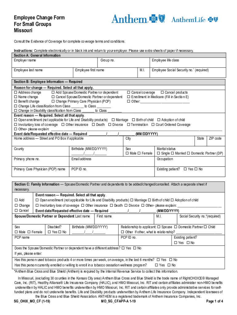 Fillable Online Employee Change Form For Small Groups Virginia Fax ...
