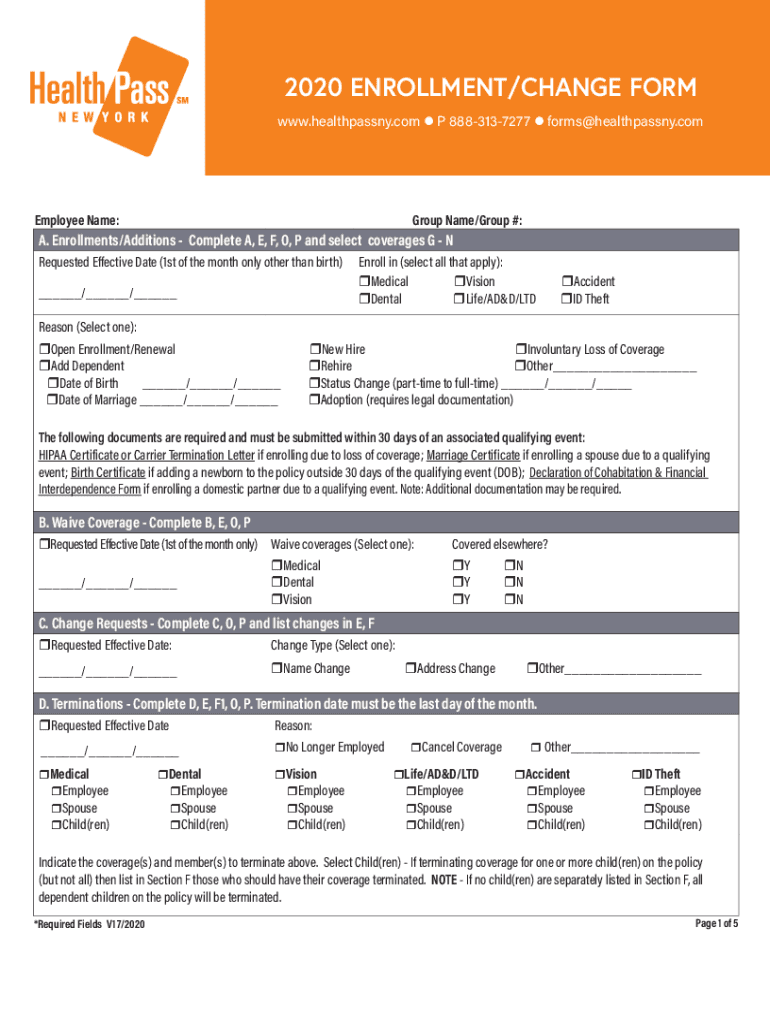 Fillable Online Enrollments/Additions - Complete A, E, F, O, P and select coverages G - N Fax ...