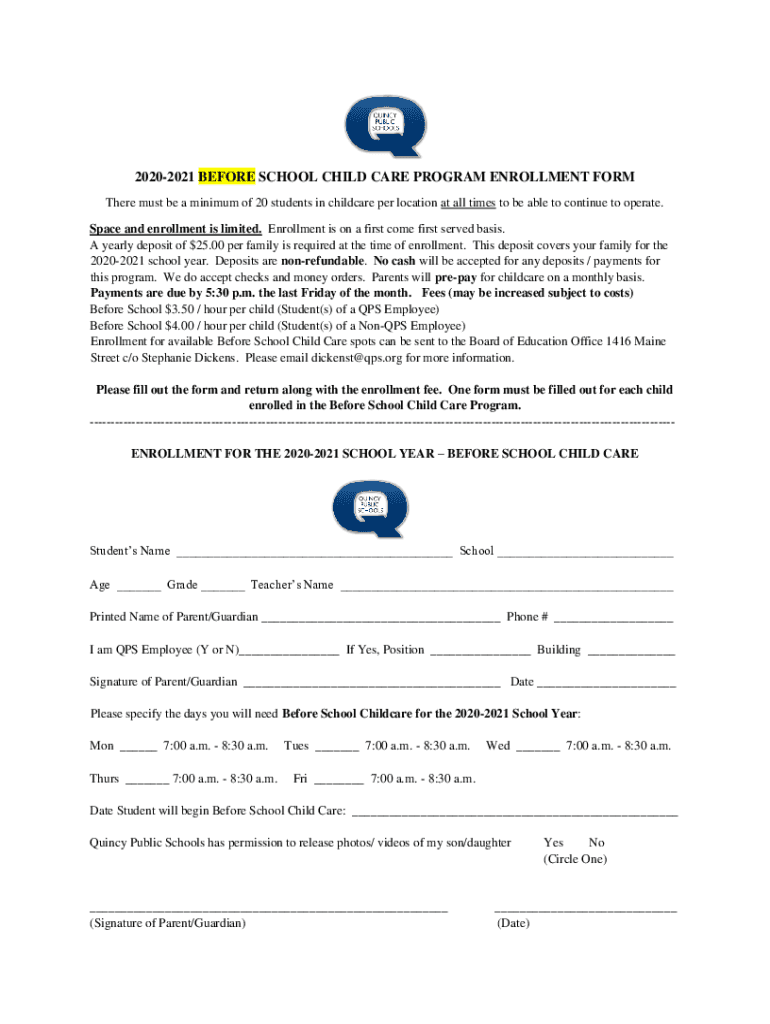 Fillable Online 2021 Child Care Enrollment Form - Fillable, Printable ...