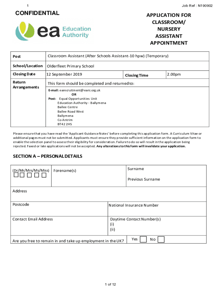 Fillable Online 1 Job Ref : N190902 CONFIDENTIAL APPLICATION FOR ...