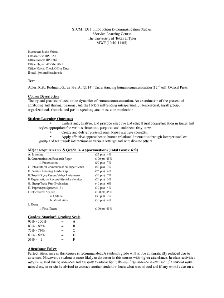 Fillable Online SPCM 1311 Syllabus - The University of Texas at Tyler Fax Email Print - pdfFiller