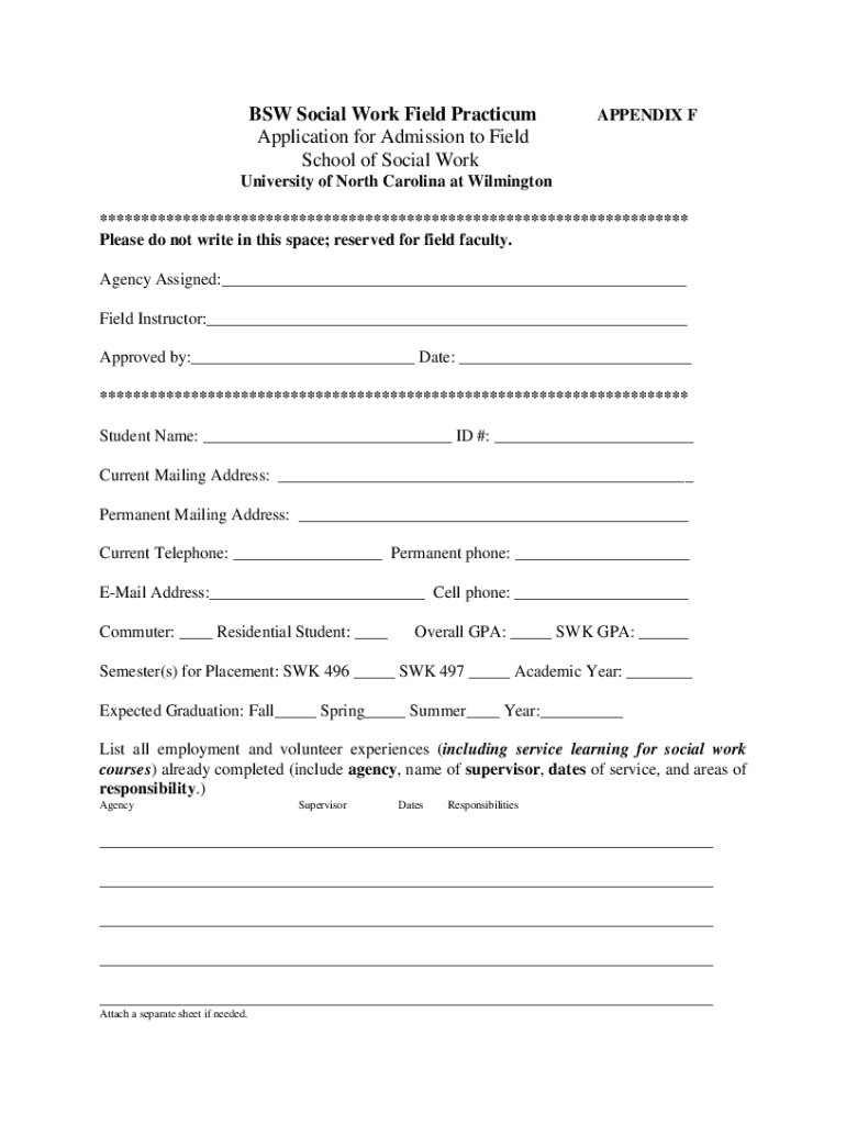 Fillable Online BSW Field Placement and RequirementsSchool of Social ... Fax Email Print - pdfFiller