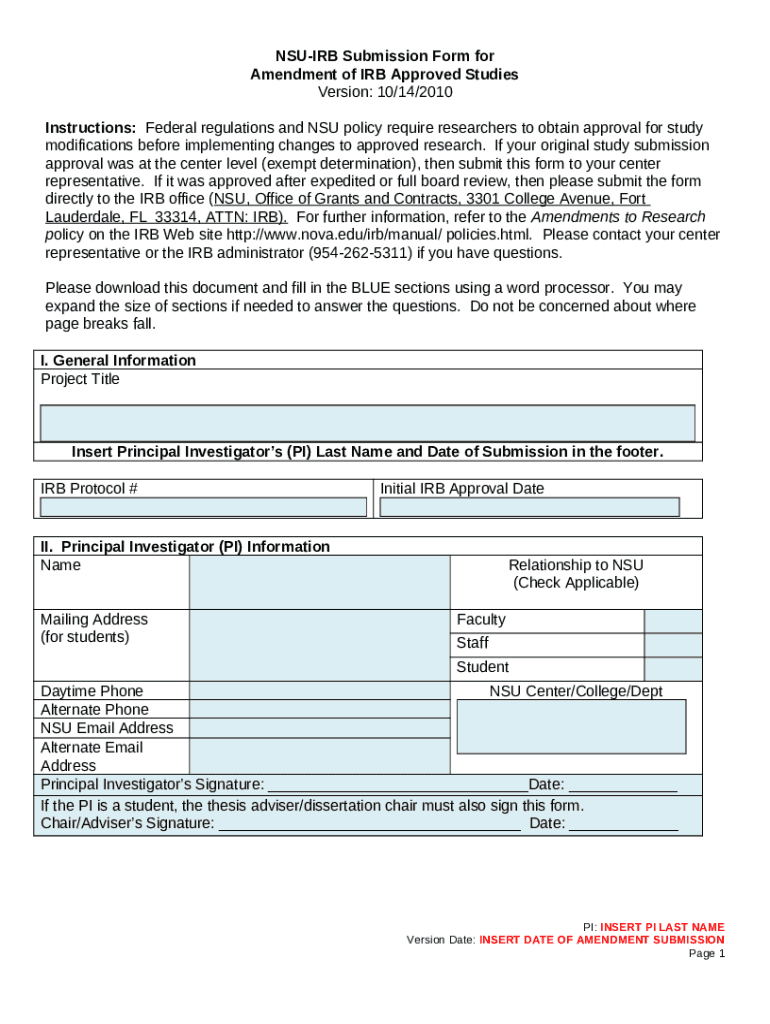 NSU-IRB Submission for Amendment of IRB Approved Studies. NSU-IRB ...