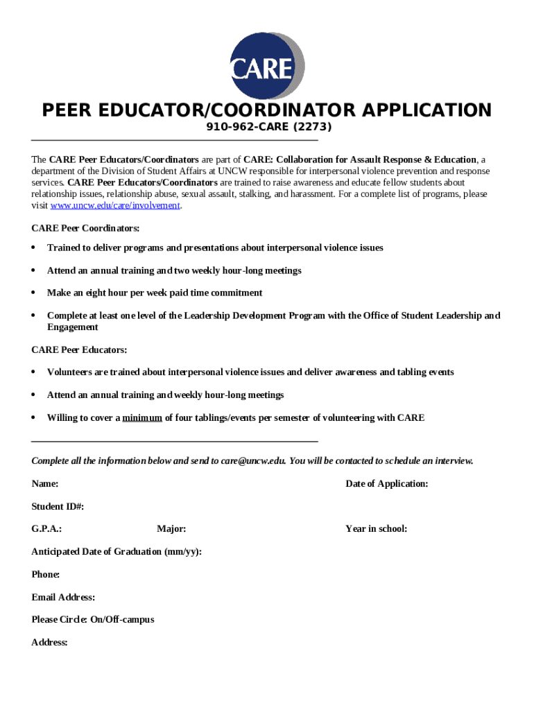 PEER EDUCATOR/Coordinator Application Doc Template | pdfFiller