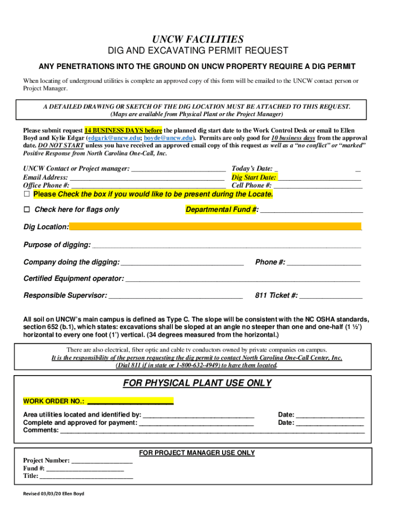 Fillable Online UNCW FACILITIES DIG AND EXCAVATING PERMIT REQUEST Fax ...