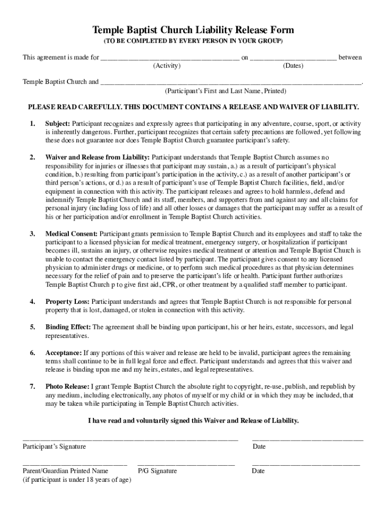 Fillable Online Temple Baptist Church Liability Release Form Fax Email ...