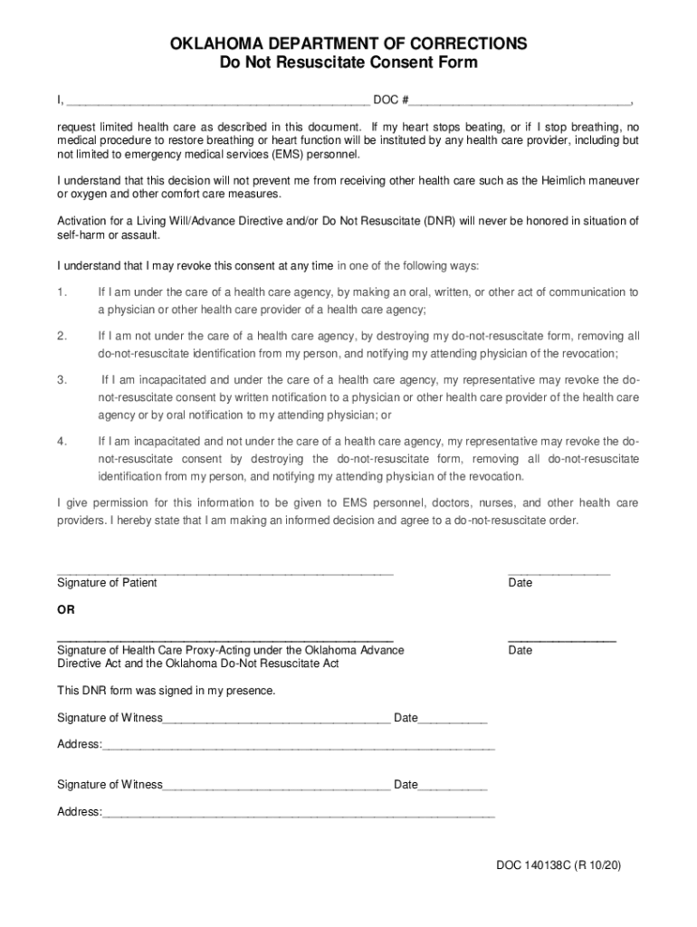 Fillable Online Oklahoma Do Not Resuscitate Consent LawPower of ...