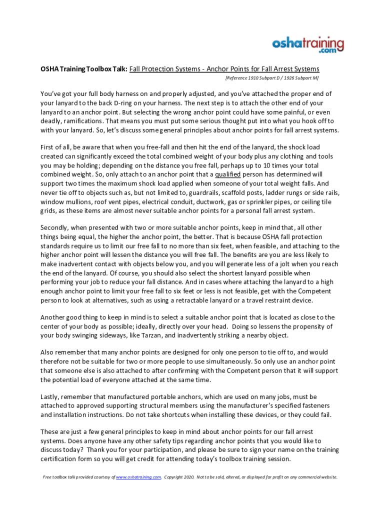 Fillable Online OSHA Training Toolbox Talk: Fall Prevention Dos and ...