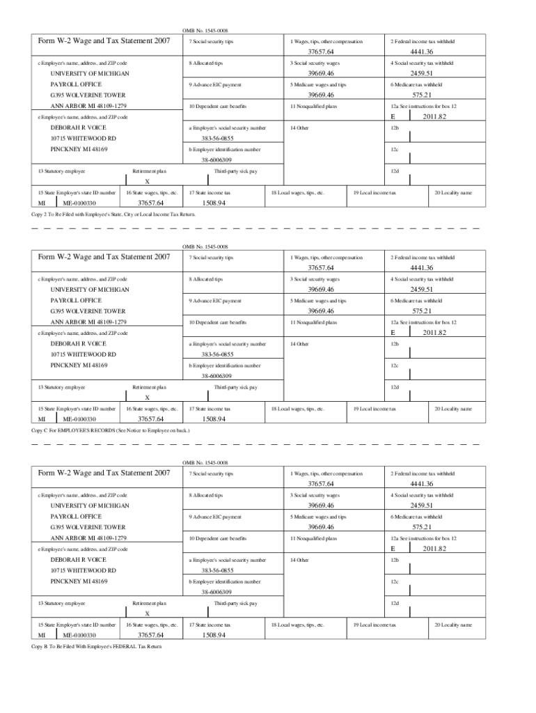 Fillable Online OMB No. 1545-0008 Form W-2 Wage and Tax Statement 2007 ...