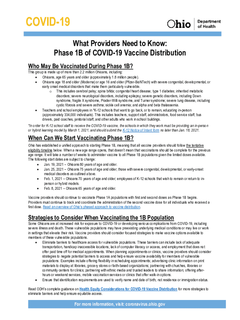Fillable Online odh ohio Phase 1B of COVID-19 Vaccine Distribution Fax ...
