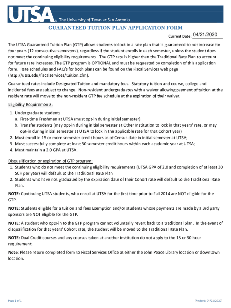 Fillable Online Guaranteed Tuition Plan Application - UTSA Fax Email Print - pdfFiller