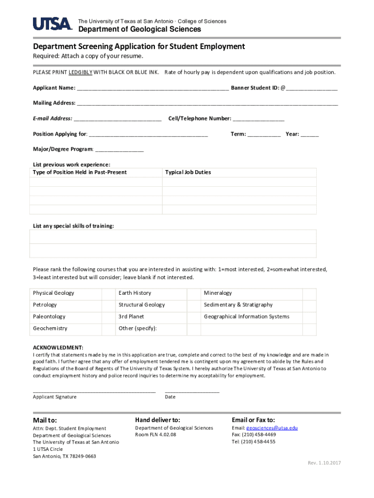 Fillable Online Department Screening Application for Student ... - UTSA ...