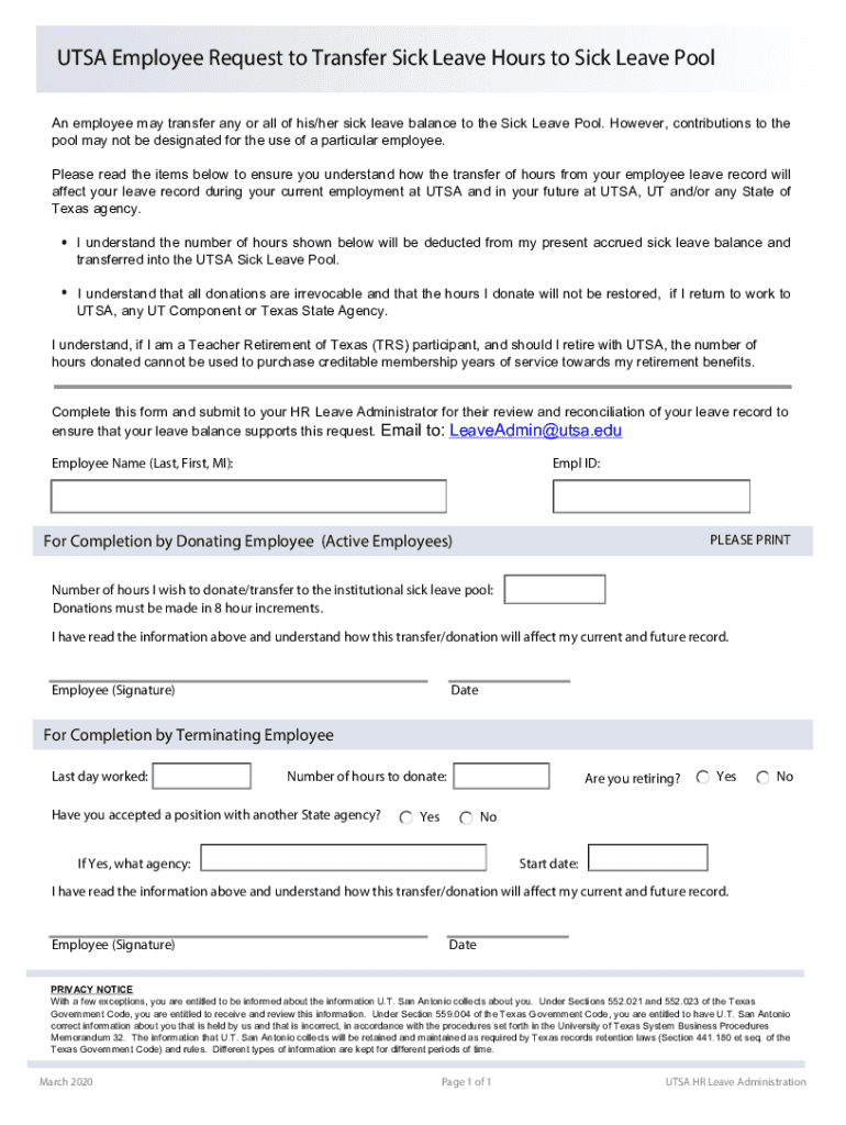 Fillable Online Sick Leave Pool Donation form - UTSA Fax Email Print - pdfFiller