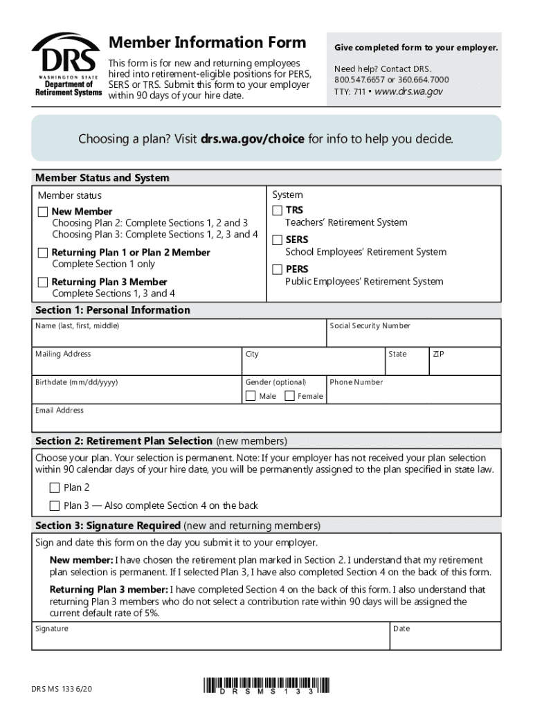 Fillable Online Member Information Form for New Hires - MIF form DRS MS ...