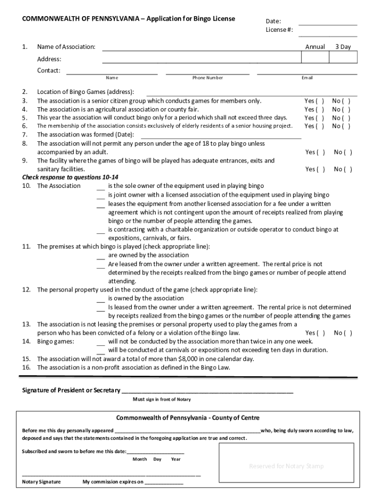 Fillable Online COMMONWEALTH OF PENNSYLVANIA Application for Bingo ...