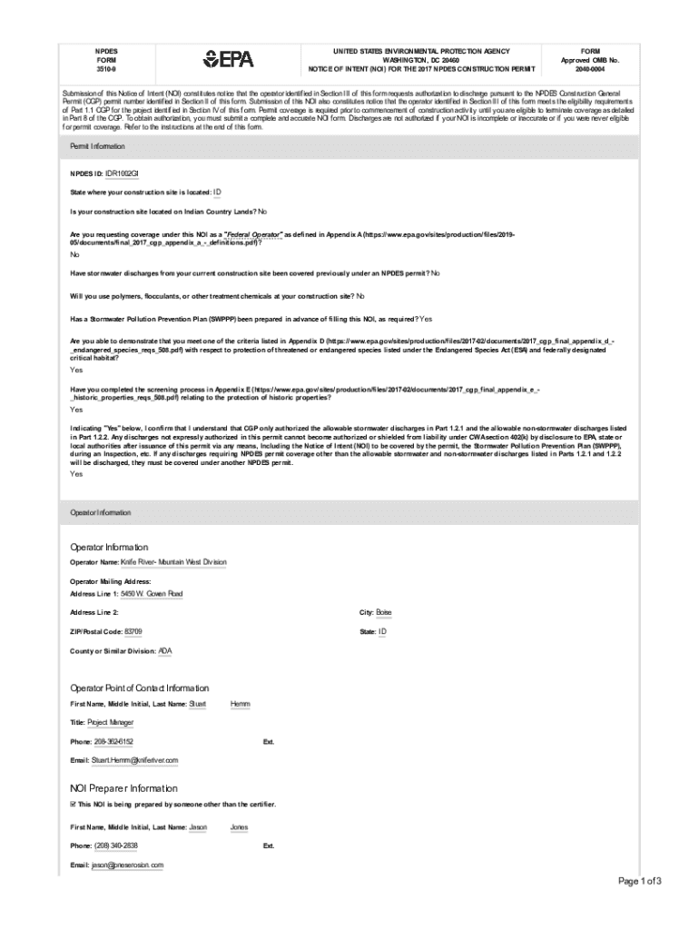 Fillable Online Submission of this Notice of Intent (NOI) constitutes ...