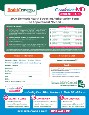 Fillable Online 2020 Biometric Health Screening Authorization Form Fax ...