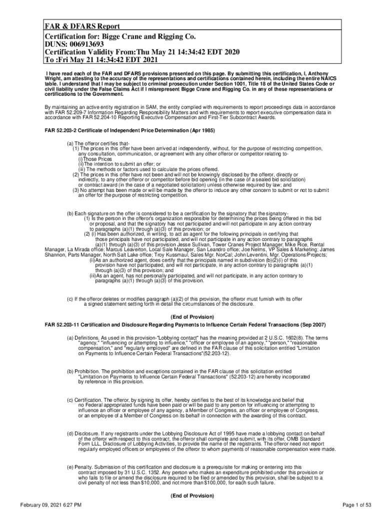 Fillable Online FAR & DFARS Report Certification for: Bigge Crane and ...
