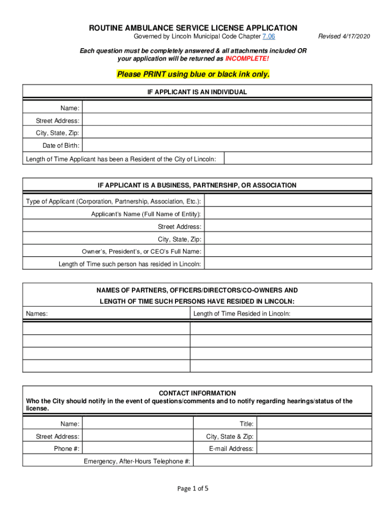 Fillable Online ROUTINE AMBULANCE SERVICE LICENSE APPLICATION ...