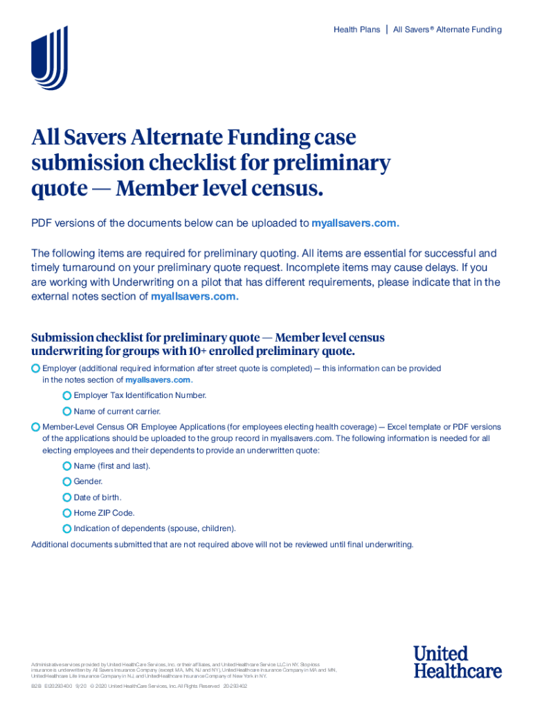 Fillable Online All Savers Preliminary Quote Checklist-Member Level ...