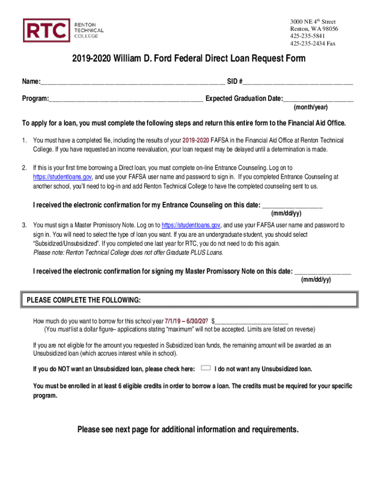 Fillable Online 2019-2020 William D. Ford Federal Direct Loan Request Form Fax Email Print ...